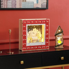 HOMCOM LED adventní kalendář s vesnickou scénou, 24 velkých zásuvek, MDF, 34 x 7 x 34 cm, červená