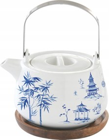 Porcelánová konvice 750 ml podstavec z akátového dřeva, modrý vzor, minimalismus