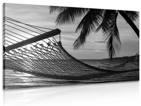 Obraz houpací síť na pláži v černobílém provedení - 60x40 cm
