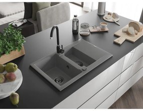 Mexen Gaspar, granitový dřez 737x475x177 mm, 1,5-komorový, šedá s černým sifonem, 6507731505-71-B