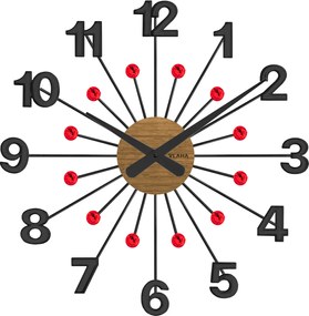 VLAHA Dřevěné černé hodiny s červenými kameny VLAHA DESIGN vyrobené v Čechách VCT1083