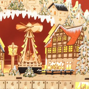 HOMCOM Adventní kalendář, vánoční vesnička, 18 LED světýlek, 24 zásuvek, opakovaně použitelný, 45 x 9 x 42,5 cm