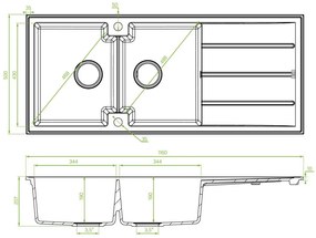 Kuchinox Laveo Canaria, 2-komorový granitový dřez 1160x500x207 mm, béžová, LAV-SPC_421T