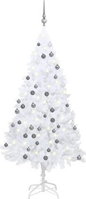vidaXL Umělý vánoční stromek s LED a sadou koulí bílý 150 cm PVC [3077621] Barva: Bílo-šedá