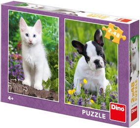 DINO Puzzle Buldoček a kotě 2x48 dílků 18x26cm skládačka dn381650