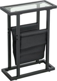 HOMCOM Noční stolek se látkovým košem, skleněná deska, konferenční stolek s kovovými nohami, stolek k pohovce do obývacího pokoje 40 x 18 x 55,5 cm Če