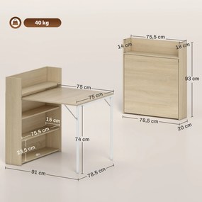 HOMCOM Skládací jídelní stůl s regálem, industriální design, úspora místa, pro malé prostory, 78,5 x 91 x 93 cm, dub