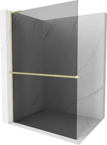 Mexen Kioto+ L, sprchová zástěna Walk-In s poličkou a věšákem 80 x 200 cm, 8mm šedé sklo, zlatý matný profil, 800-080-123-55-40