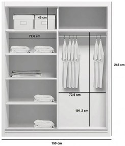 Prostorná zrcadlová šatní skříň 150/245 JACOBO - dub sonoma / bílá