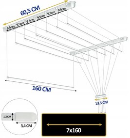 Erga Erga, stropní věšák na sušení prádla 7x160 cm, bílé, ERG-SEP-10SUSSUF1607P