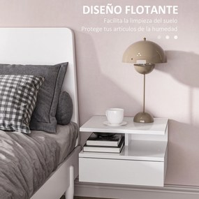 HOMCOM Sada 2 floating nočních stolků se závěsem, 1 zásuvkou a otevřenou policí do ložnice 35x32x22,5 cm Jasně bílá
