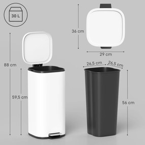 HOMCOM 30 l kuchyňský odpadkový koš s víkem — pedálový s tichým dovíráním a vyjímatelným vnitřním kbelíkem, odolný proti otiskům — bílý