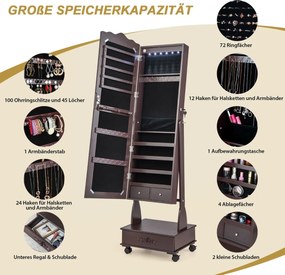 Costway Zrcadlová skříňka na šperky s celoplošným zrcadlem a zásuvkami a hnědou