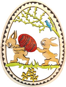 AMADEA Dřevěná dekorace vajíčko zajíčci s vajíčkem, velikost 9 cm, český výrobek