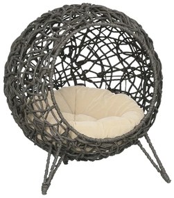 PawHut ratanový domeček pro kočky Elegantní kočičí jeskyně s polštářem, vyvýšené nohy, stříbrně šedá, Ø52x58cm| Aosom