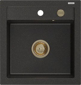 Mexen Vito, granitový dřez 520x490x210 mm, 1-komorový, černá-zlatá metalíza se zlatým sifonem, 6503521000-75-G