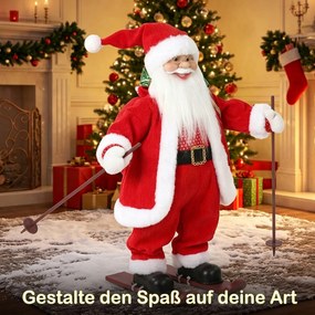 HOMCOM Zpívající lyžařský Santa Claus, 66 cm, stojící animovaná vánoční postava se lyžemi, pytlem s dárky a aktivací zvukem / dotykem