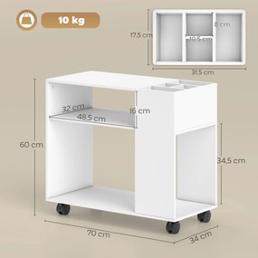 HOMCOM stojan na tiskárnu s dělitelným organizérem, policemi a brzdícími kolečky — 70 x 34 x 60 cm, bílý