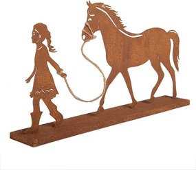 Rezavá kovová dekorace dívka s koněm Brocante rust - 42*7*22 cm