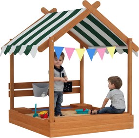 Pískoviště Outsunny s Krytem, Dřevěné Pískoviště s Sedací Zónou, Hrací Domeček, 124 x 116 x 146 cm Pískoviště s Tabulí pro Děti ve Věku 3-7 Let, Zahra