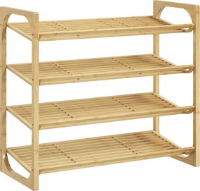 HOMCOM Botník, Stojan na boty se 4 úrovněmi z bambusu, pro max. 12 párů bot, policový botník s rukojetí do předsíně, ložnice, 76 x 33 x 67 cm, Přírodn