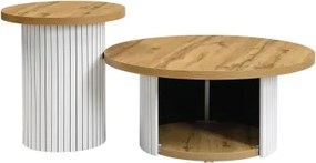 Aosom 2dílná sada kulatých konferenčních stolků, hlavní a doplňkový stůl s odkládacím prostorem, 75 x 50 / 45 x 35 cm, přírodní barva
