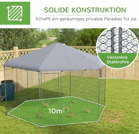 PawHut kurník 400 x 346 x 263 cm ocelový výběh pro volný chov, klec pro kuřata s krytem, dvířka, výběh pro 10-15 kuřat, malá zvířata, šedá | Aosom