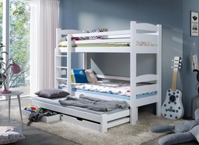 MAXMAX Dětská patrová postel z masivu borovice CYRIL s přistýlkou a šuplíky - 200x90 cm - BÍLÁ