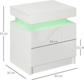 HOMCOM noční stolek s RGB LED světlem, vysokolesklá deska se 2 šuplíky pro obývací pokoj nebo ložnici, bílá