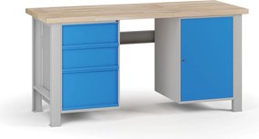 Dílenský pracovní stůl G7, buková spárovka, 1700 x 685 x 840 mm, 1x skříňka, 3 zásuvky, modrá