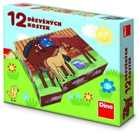 Dino Dřevěné kostky domácí zvířátka 12 ks
