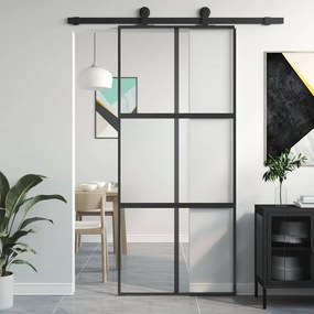 Posuvné dveře černé 90 x 205 cm tvrzené sklo a hliník 155211
