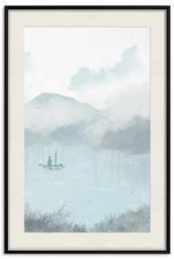Plakát Rybolov ráno - malá loďka na zamlžených horách