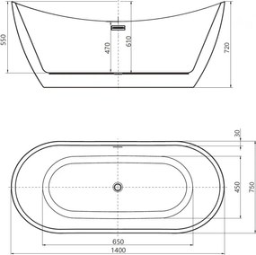 Mexen Lotos, volně stojící vana 140 x 75 cm, bílá/černá, grafitový přepad, 52051407775-95