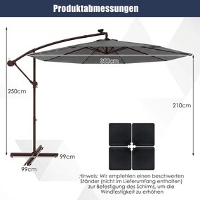 Costway Slunečník 300 cm s 40 solárními LED světly a klikou šedé, šedá