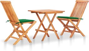 3dílný bistro set se zelenými poduškami masivní teakové dřevo 3063230