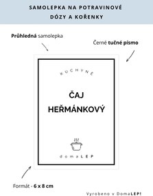 ČAJ HEŘMÁNKOVÝ – průhledná samolepka na dózu, tučné písmo, 6 × 8 cm | DomaLEP