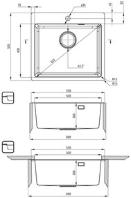 Deante Olfato, nerezový dřez pod desku 1-komorový B/O 550x505x200 3,5" + prostorově úsporný sifon, broušený vzor satyna, ZPO_010B