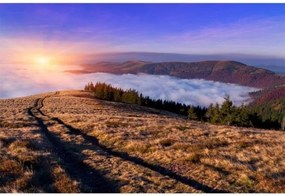 DIMEX | Samolepicí vliesová fototapeta na zeď Svítání na horách MA-5-0063 | 375 x 250 cm | modrá, bílá, žlutá, hnědá