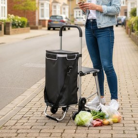 HOMCOM Nákupní vozík, 40 l Oxford taška, 3-kolové provedení, hliníkový rám, sedadlo, Šedá