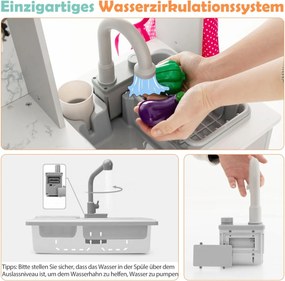 Costway Dřevěná dětská kuchyňka se světlem a zvukem a dávkovačem vody a – šedá