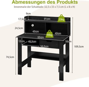 Costway Stůl se zásuvkami Malý s nástavcem – 95 × 56 × 109,5 cm, černý