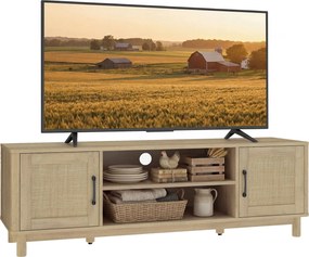 HOMCOM TV nábytek 135 cm, TV nábytek pro televize až do 165,1 cm s 2 ratanovými dveřmi, 2 otevřenými přihrádkami, dub
