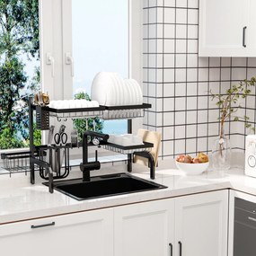 HOMCOM Sušák na nádobí, dvouúrovňový stojan na sušení nádobí, sušák o rozměrech 51-93 cm s háčky, odkapávač pro kuchyňský dřez, nerezová ocel, černý
