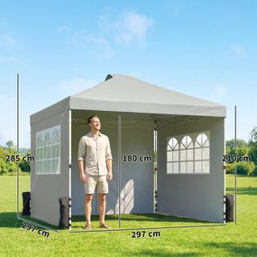 Pavilon cca 3x3 m Voděodolný Výškově nastavitelný skládací pavilon se 3 bočními stěnami Větrání oknem, UV 50+ Světle šedý