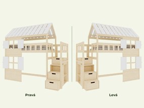 Benlemi Zvýšená postel CHALOUPKA s úložnými schody 90x200 cm Zvolte barvu: Bílá s transparentně lakovanými prvky, Zvolte stranu: Vlevo
