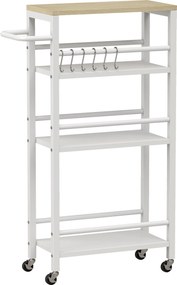 HOMCOM pojízdný přídavný vozík se 4 policemi, kuchyňský vozík s držákem na ručníky a 6 háčky pro jídelnu, 50x20x81 cm, dub