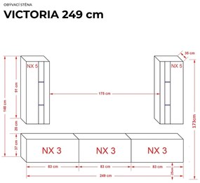 Ral Obývací stěna VICTORIA 249 cm - Černý lesk