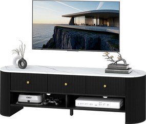 HOMCOM TV skříň 140 cm, TV stojan pro 65palcové televize s mramorovým efektem, 3 zásuvky s drážkovanými čely, 2 police, černá