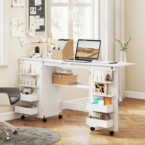 HOMCOM Skládací šicí stůl s 2 magnetickými dveřmi, pojízdný tvořivý stůl s 4 boxy, 20 držáků, úložný prostor, bílá